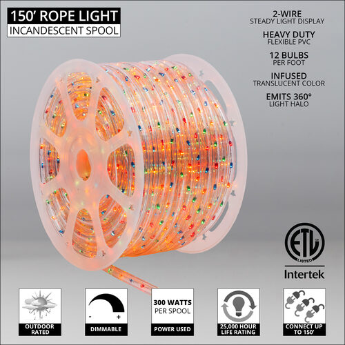 150' Multicolor Rope Light, 2 Wire 1/2", 120 Volt - Yard Envy