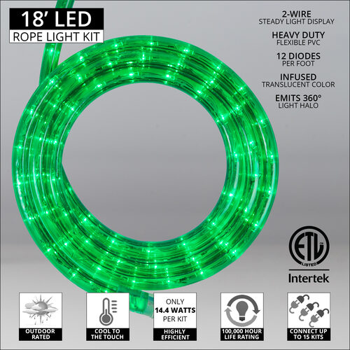 18' Green LED Rope Light, 2 Wire 1/2", 120 Volt - Yard Envy