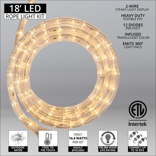 18' Warm White LED Rope Light, 2 Wire 1/2", 120 Volt - Yard Envy