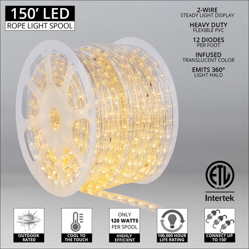 150' Warm White LED Rope Light, 2 Wire 1/2", 120 Volt - Yard Envy