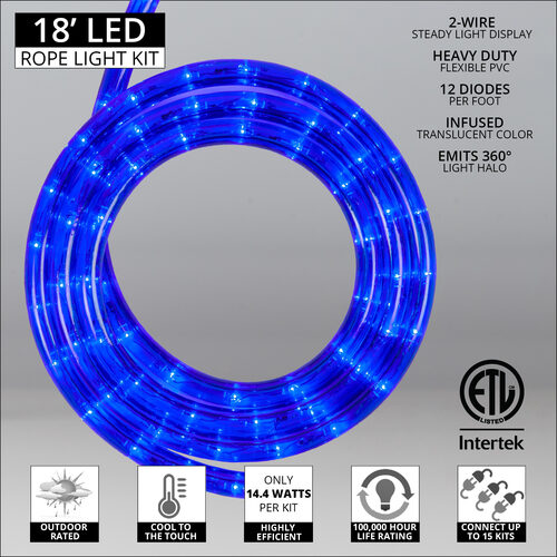 18' Blue LED Rope Light, 2 Wire 1/2", 120 Volt - Yard Envy