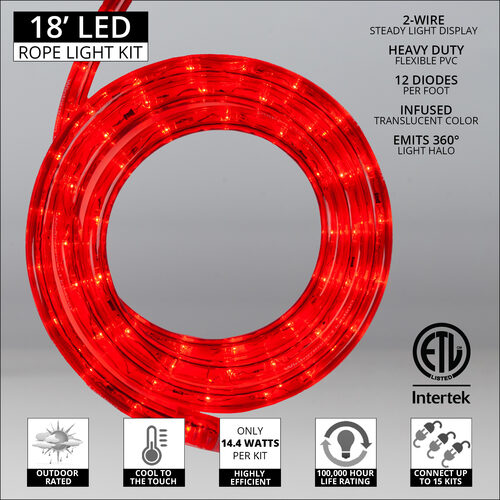 18' Red LED Rope Light, 2 Wire 1/2", 120 Volt - Yard Envy