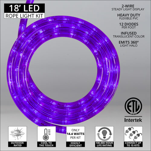 18' Purple LED Rope Light, 2 Wire 1/2", 120 Volt - Yard Envy