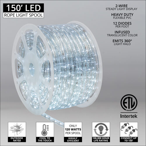 150' Cool White LED Rope Light, 2 Wire 1/2", 120 Volt - Yard Envy
