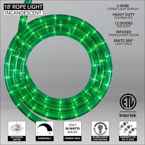 18' Green Rope Light, 2 Wire 1/2", 120 Volt - Yard Envy