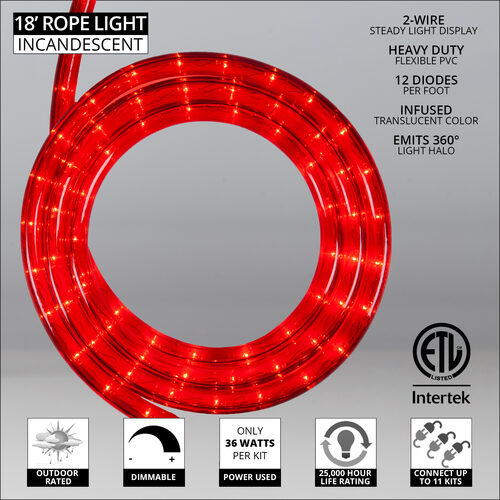 18' Red Christmas Rope Light, 2 Wire 1/2", 120 Volt - Yard Envy