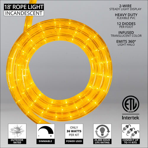 18' Yellow Rope Light, 2 Wire 1/2", 120 Volt - Yard Envy