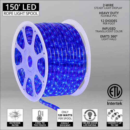 150' Blue LED Rope Light, 2 Wire 1/2", 120 Volt - Yard Envy