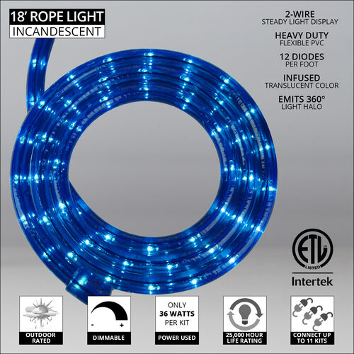 18' Blue Rope Light, 2 Wire 1/2", 120 Volt - Yard Envy