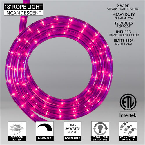 18' Purple Rope Light, 2 Wire 1/2", 120 Volt - Yard Envy