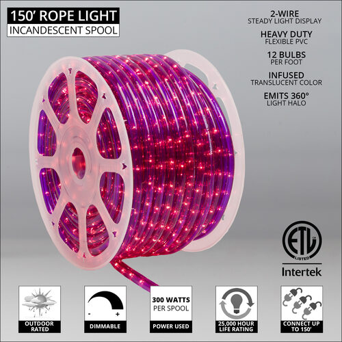 150' Purple Rope Light, 2 Wire 1/2", 120 Volt - Yard Envy