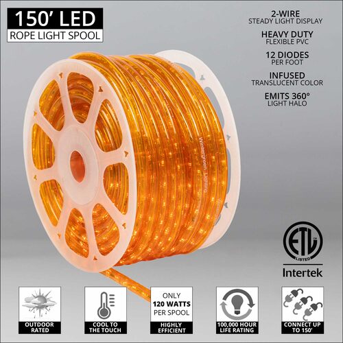 150' Orange LED Rope Light, 2 Wire 1/2", 120 Volt - Yard Envy