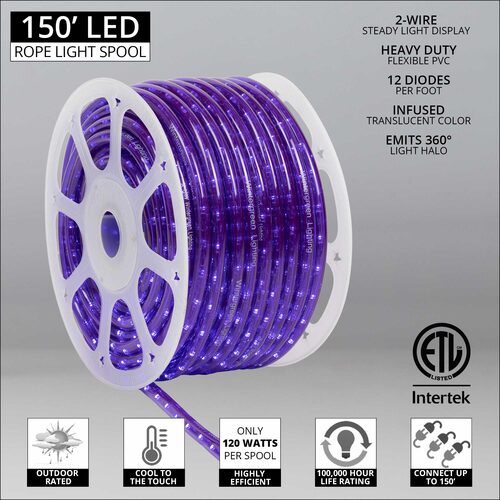 150' Purple LED Rope Light, 2 Wire 1/2", 120 Volt - Yard Envy
