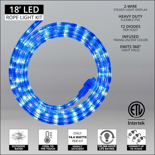 18' Blue, Cool White LED Rope Light, 2 Wire 1/2", 120 Volt - Yard Envy