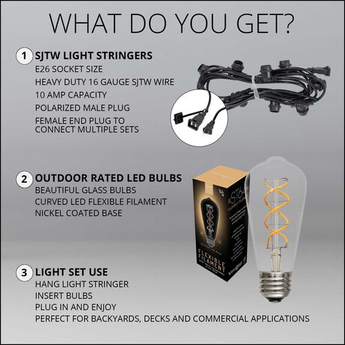 Commercial Patio String Lights, Warm White ST64 FlexFilament TM LED Glass Bulbs, Black Wire ...