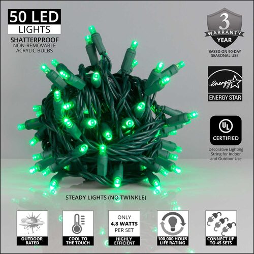 Wide Angle LED Mini Lights, Green, Green Wire - Yard Envy