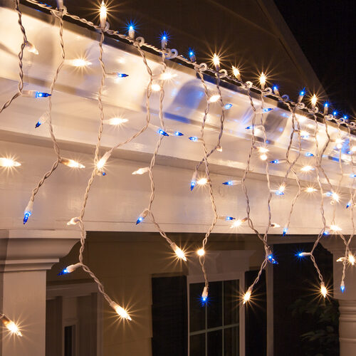 150 Icicle Lights, Blue/Clear, White Wire - Yard Envy
