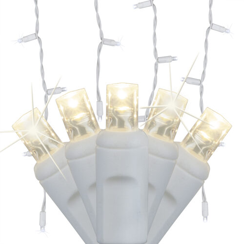 70 5mm LED Icicle Lights, Warm White Twinkle, White Wire - Yard Envy