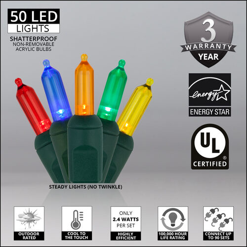 T5 Mini Christmas String Lights, Multicolor, Green Wire - Yard Envy