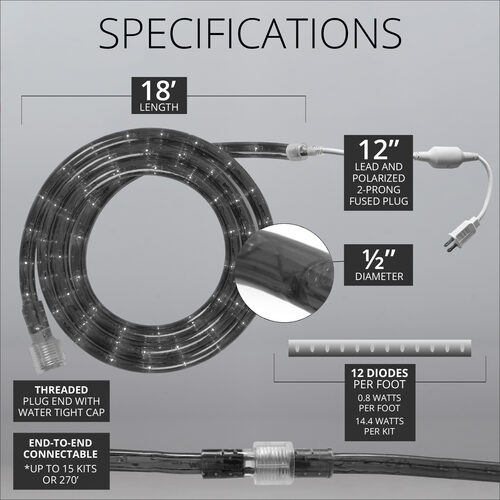 18' Cool White LED Rope Light, 2 Wire 1/2", 120 Volt - Yard Envy