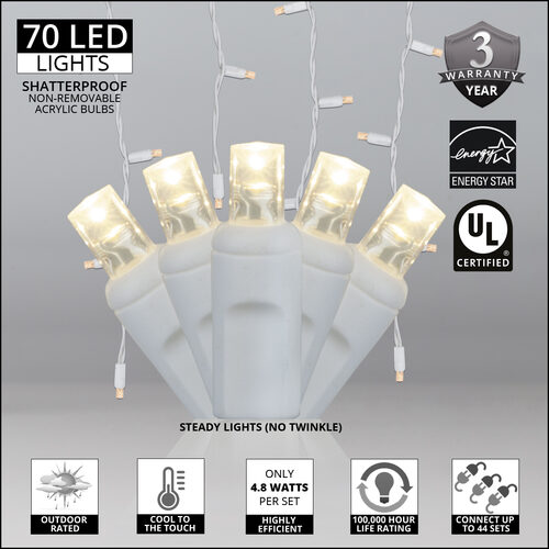 70 5mm LED Icicle Lights, Warm White, White Wire - Yard Envy