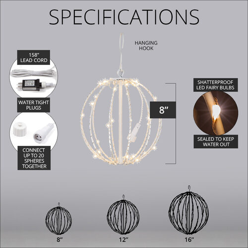 Fairy Light Ball, Fold Flat White Frame, Warm White LED - Yard Envy