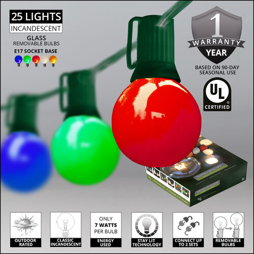 Globe String Lights, Opaque Multicolor G50 Bulbs, Green Wire - Yard Envy